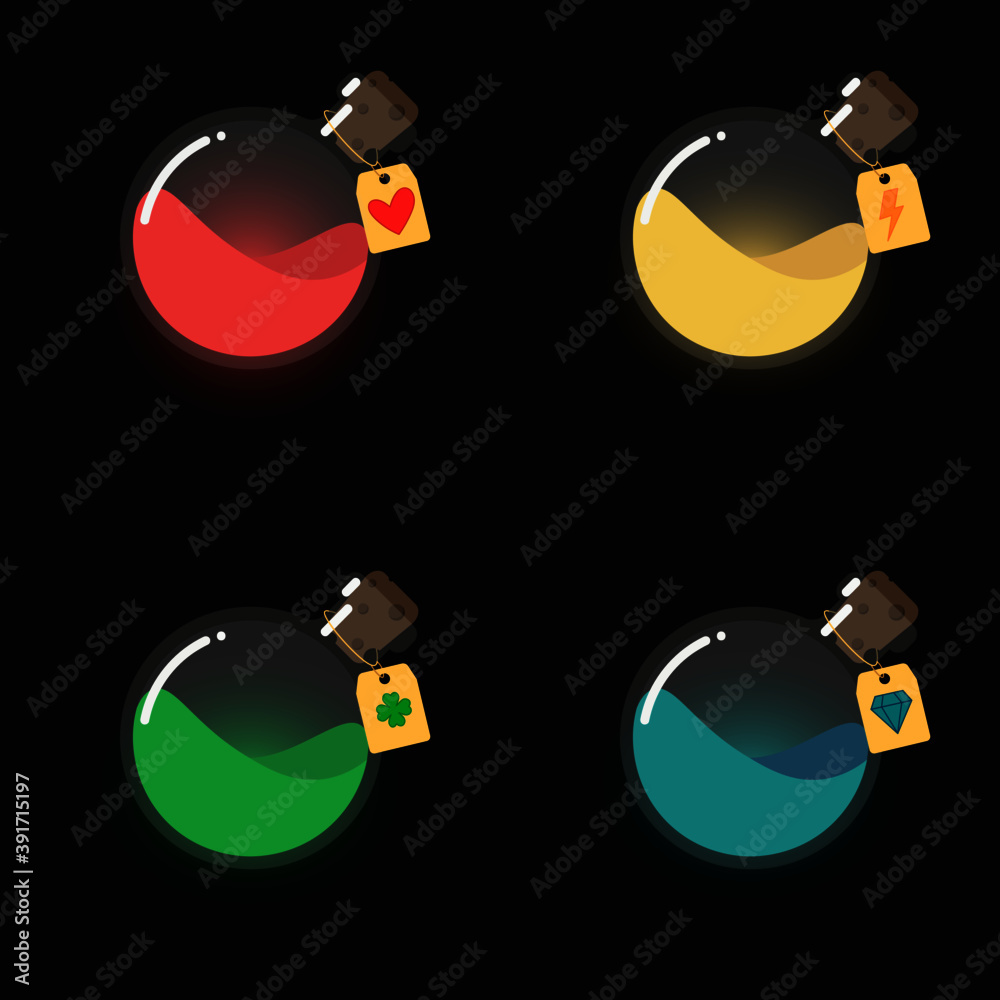 Game icon of magic elixir, bottles with colorful liquid. Interface for ...