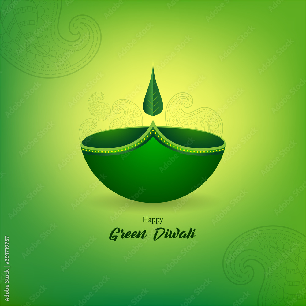 Green Diwali Banner with green Diya and Paisley Design on Greenish ...