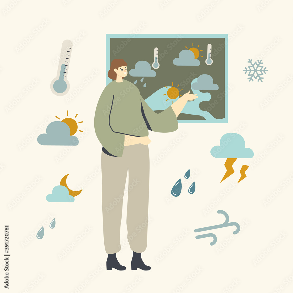 Meteorological Report Concept. Tv Presenter Female Character Stand at ...