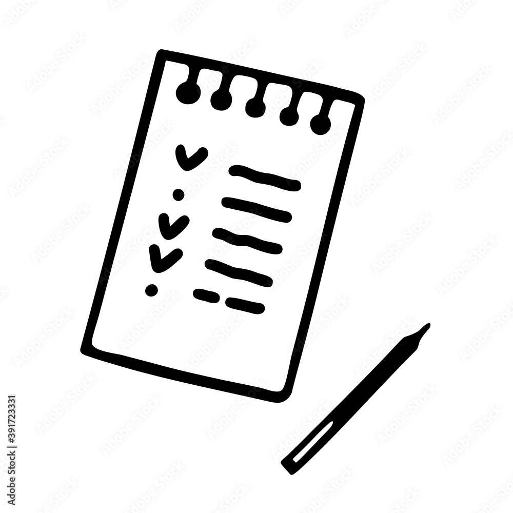 Hand-drawn doodle icon - To-do list, pen or pencil. Detachable notepad ...