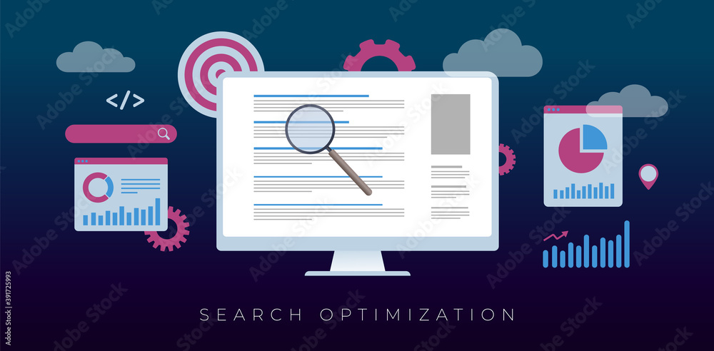 Search Optimization, SEO concept. A desktop pc with an open search page ...