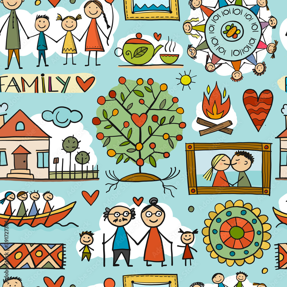 Family Life. Parents and Grandparents. Family House. Seamless pattern ...
