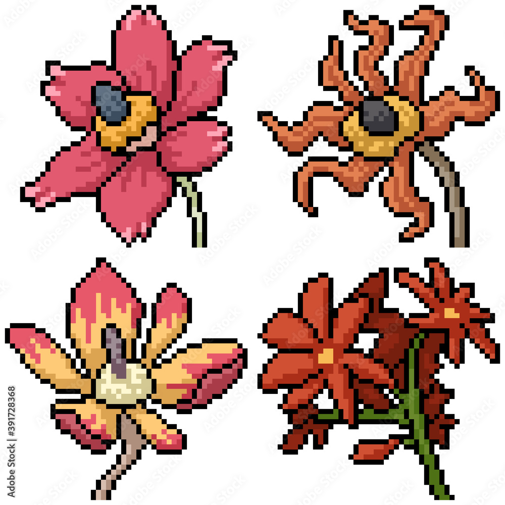 pixel art set isolated strange flower Stock Vector | Adobe Stock