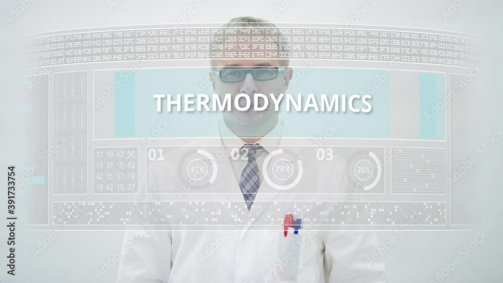 THERMODYNAMICS text on a modern touchscreen display and a male ...