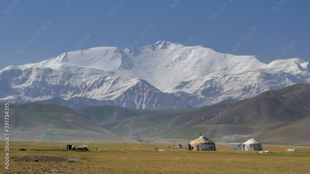 Scenic landscape view of Lenin Peak aka Ibn Sina peak in the Trans-Alai ...