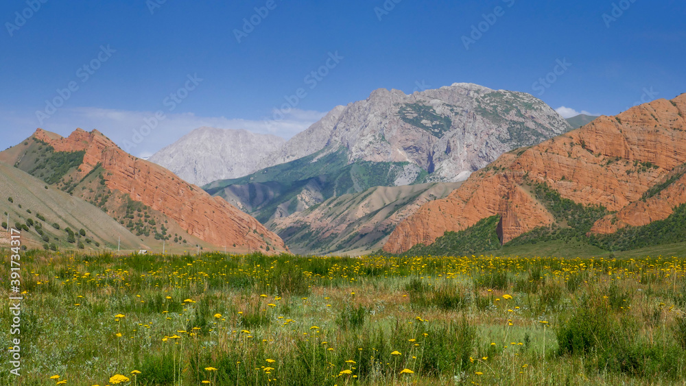 View of the Alay or Alai mountain range in southern Kyrgyzstan in the ...