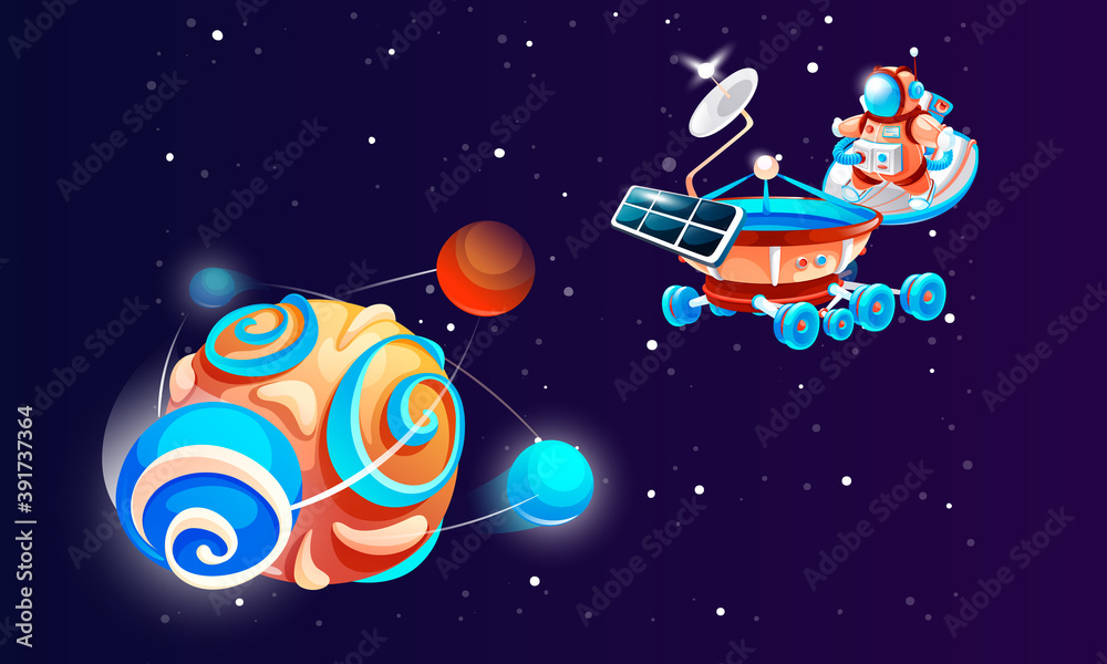 Cosmonaut in outer space with planet. Cartoon astronaut on the moon ...