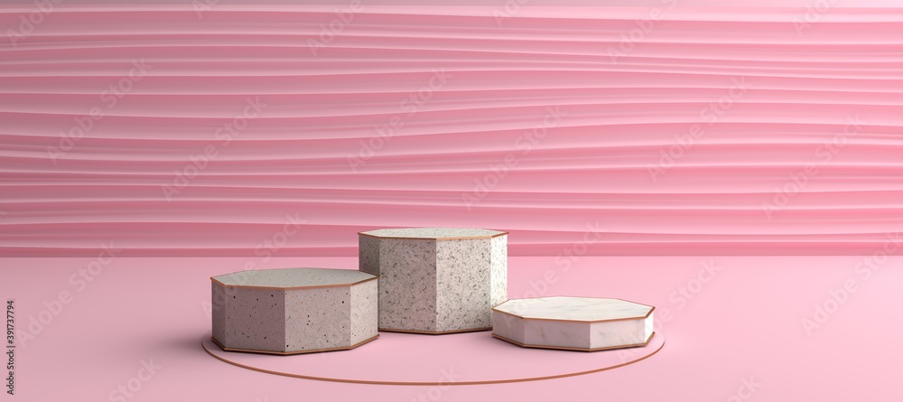 3D rendering of Octagonal marble Podium, golden border, The light ...