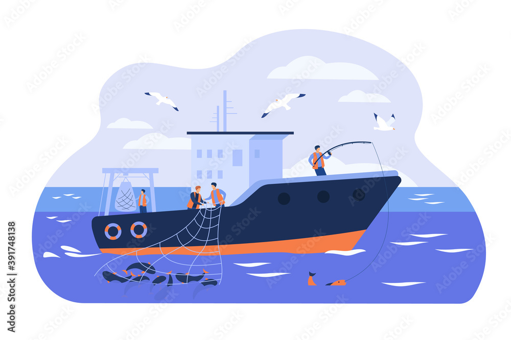 Professional fishermen working in vessel isolated flat vector ...