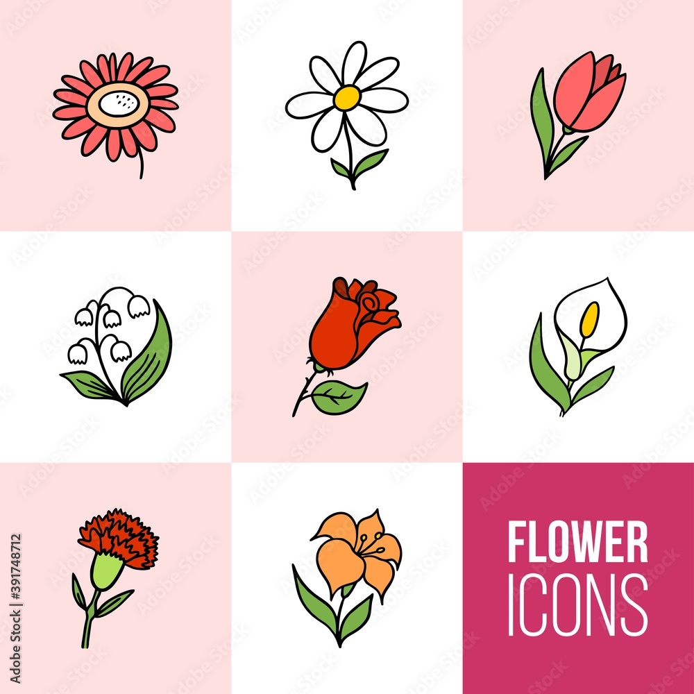 Colorful flower vector icon set in thin line style. Illustration for ...
