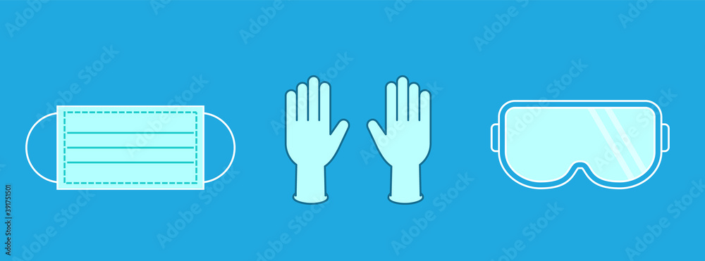 Protective mask, gloves and glasses color icon set. Medical personal ...