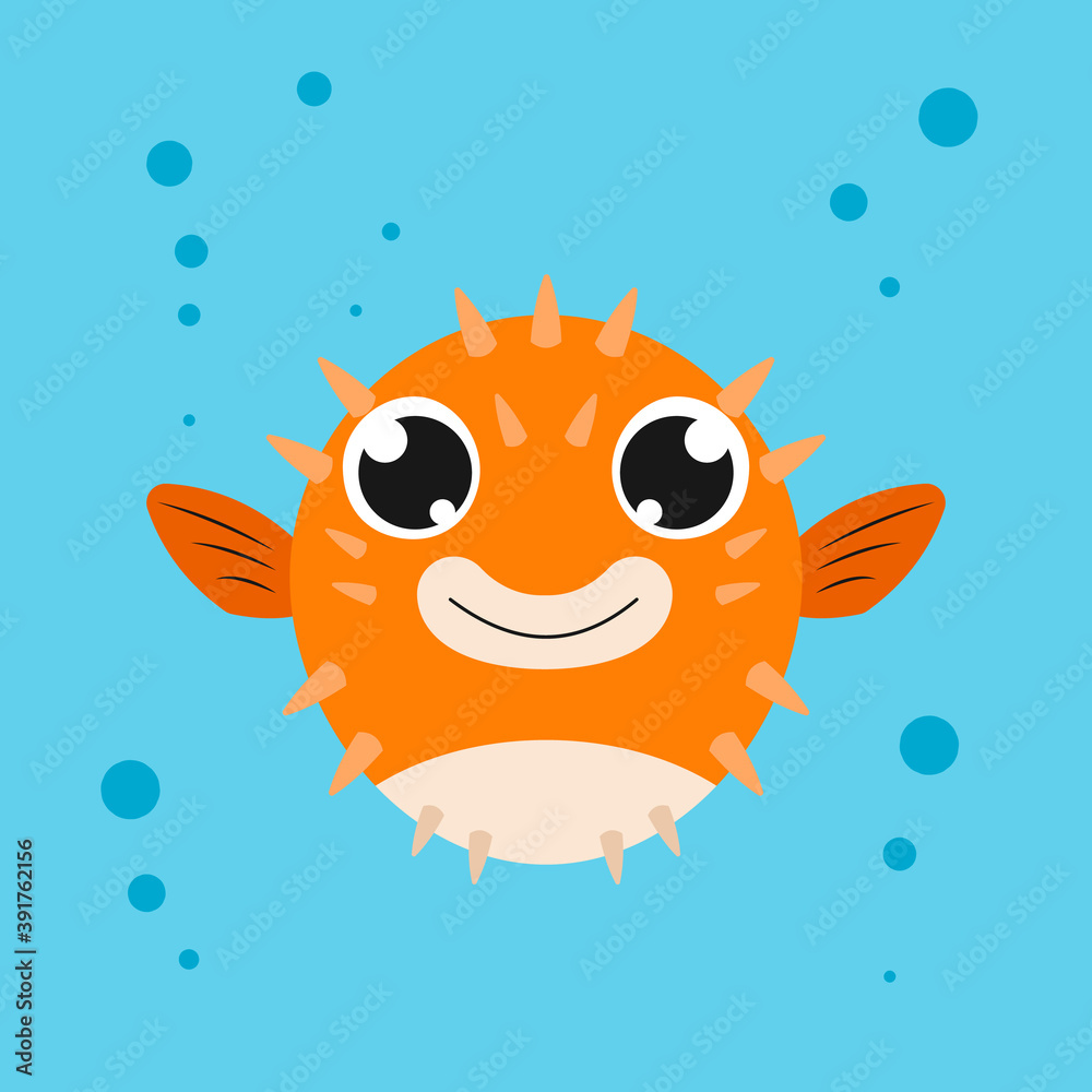 Cute fugu fish. Vector cartoon illustration. Isolated. Underwater world ...