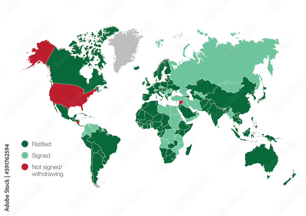 World map with the countries that have signed, ratified or withdrawn ...