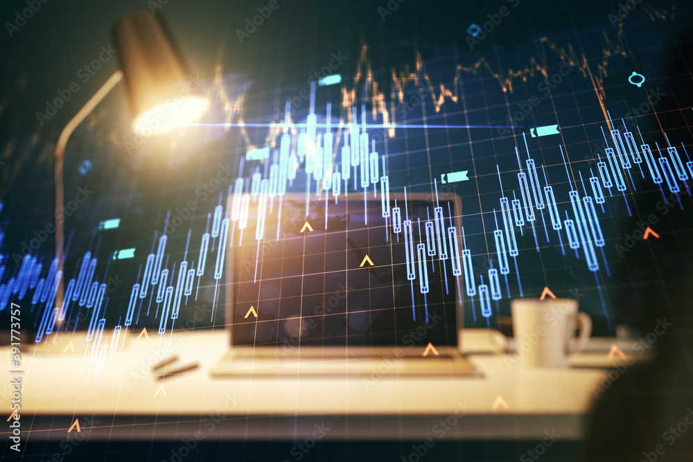 Multi exposure of abstract creative financial chart with world map on ...