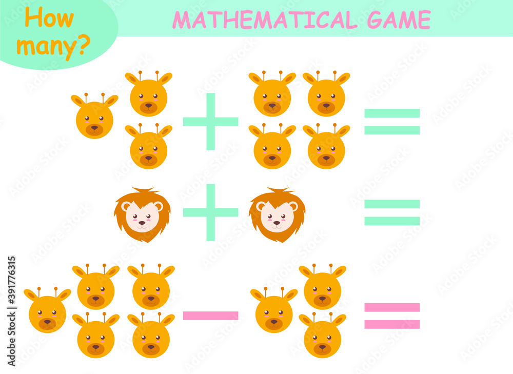 mathematical examples of addition and subtraction with cute animals ...