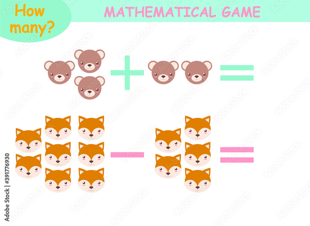 mathematical examples of addition and subtraction with cute animals ...