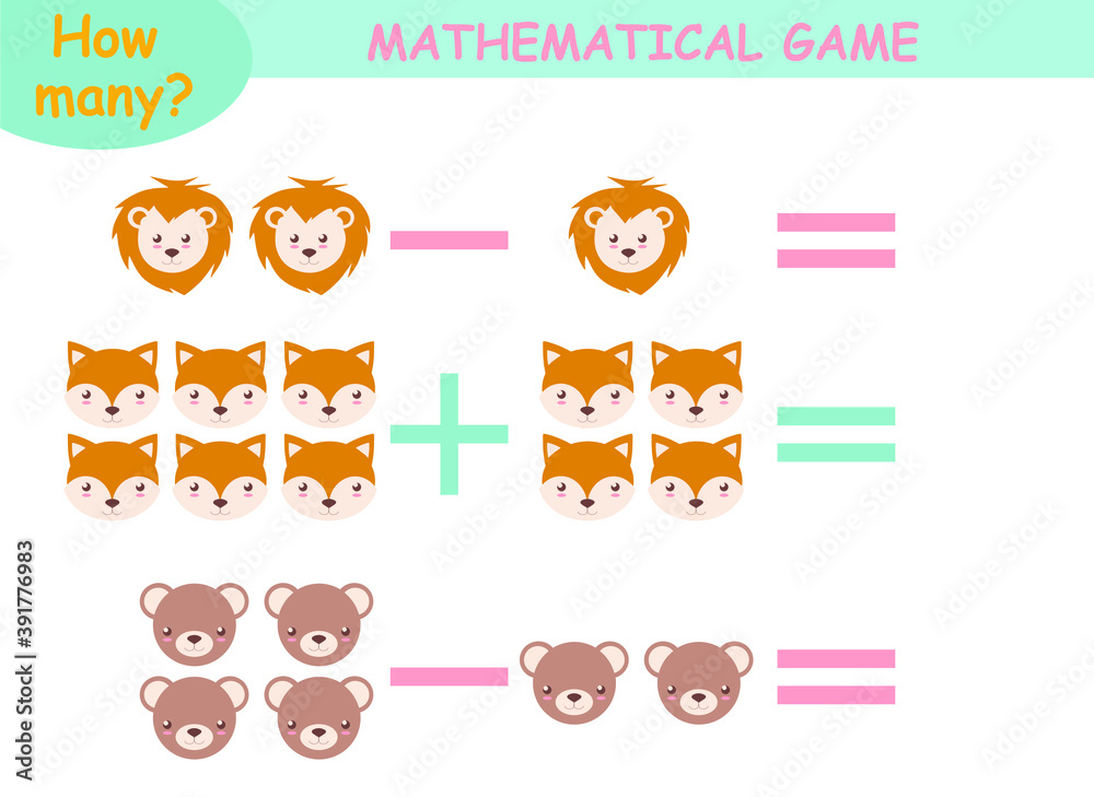 mathematical examples of addition and subtraction with cute animals ...
