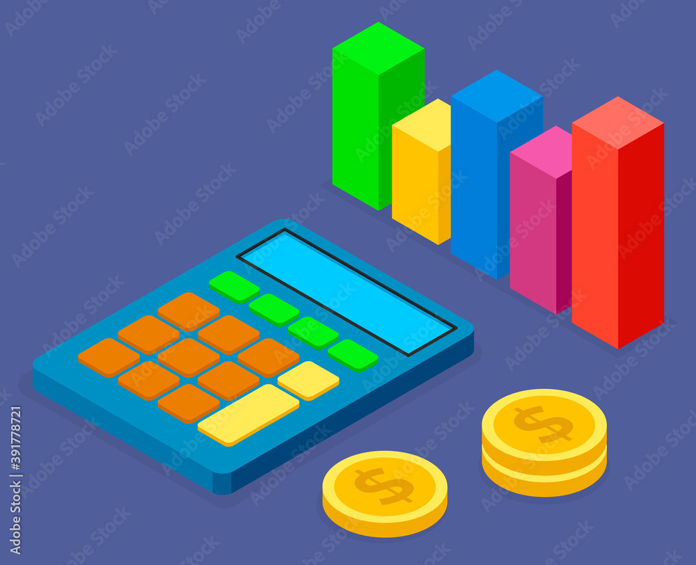 Cartoon calculator with big buttons, drain of cent coins or dollars ...