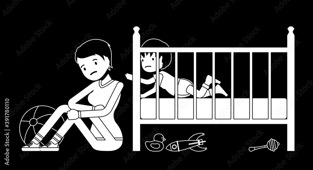 Postpartum depression, new mum in childbirth anxiety. Mother sitting ...