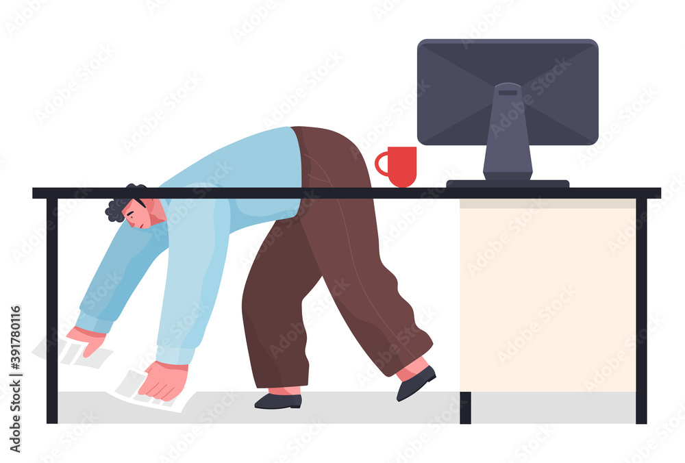 Office worker, cartoon man dropped documents on the floor. Desktop ...