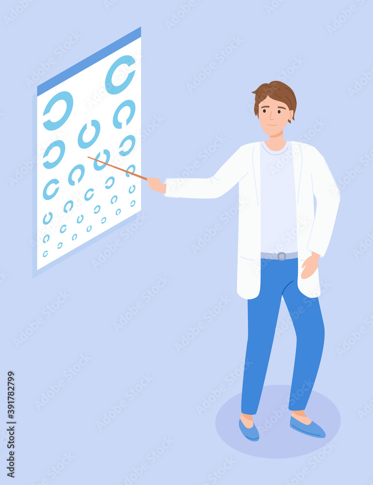An ophthalmologist diagnoses vision, points to eye test chart. C Chart ...