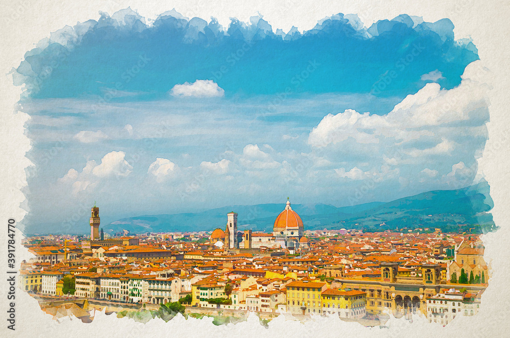 Watercolor drawing of Top aerial panoramic view of Florence city with ...