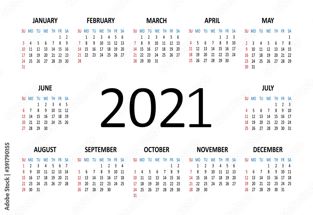 2021 year calendar. Week starts on Sunday. Vector illustration Stock ...