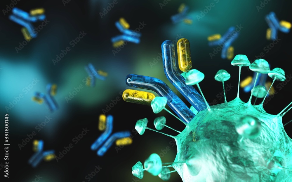 Virus and antibodies plan against the background of a DNA helix ...