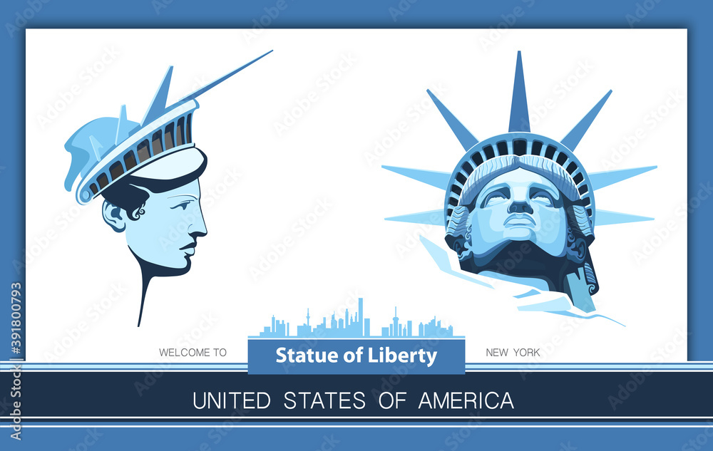 Design of an advertising portrait of the Statue of Liberty USA. Blue ...