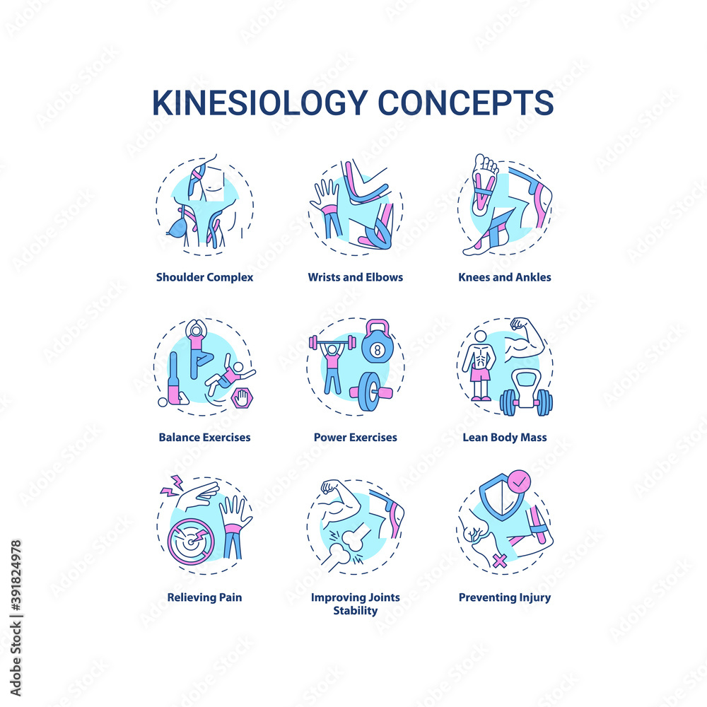 Kinesiology concept icons set. Aerobics exercise. Sports workout. Human ...