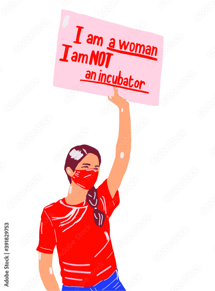 Vector illustration of Women voice. Strong girl with a poster on a ...