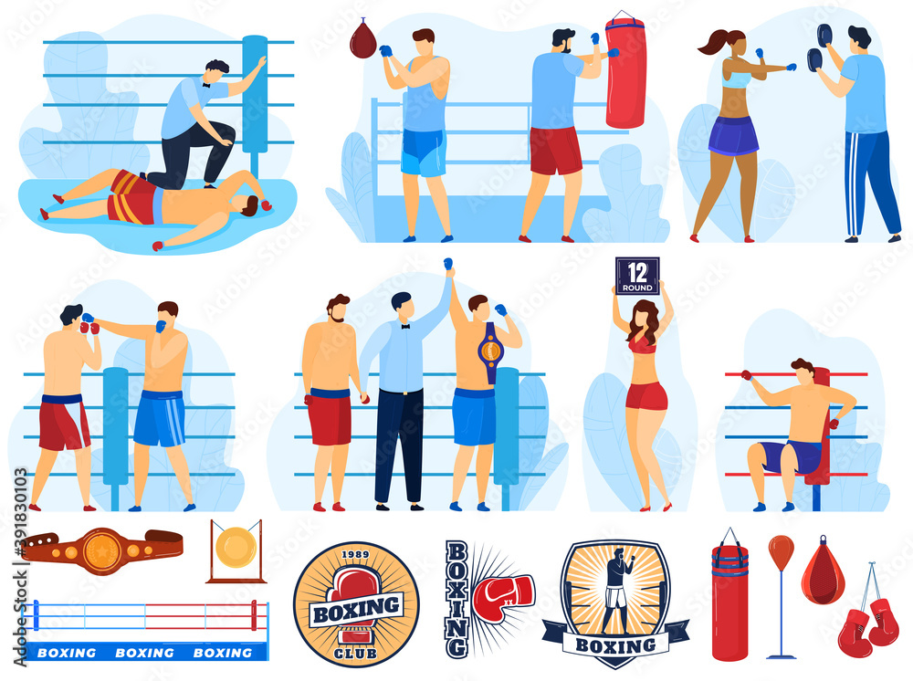 Boxer training sport, boxing set of vector illustrations. Box athlete ...