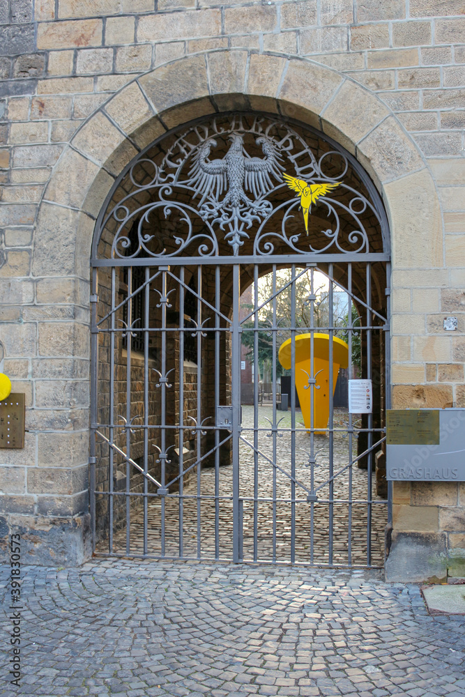Aachen / Germany - December 28, 2019: Grashaus entrance gate with old ...