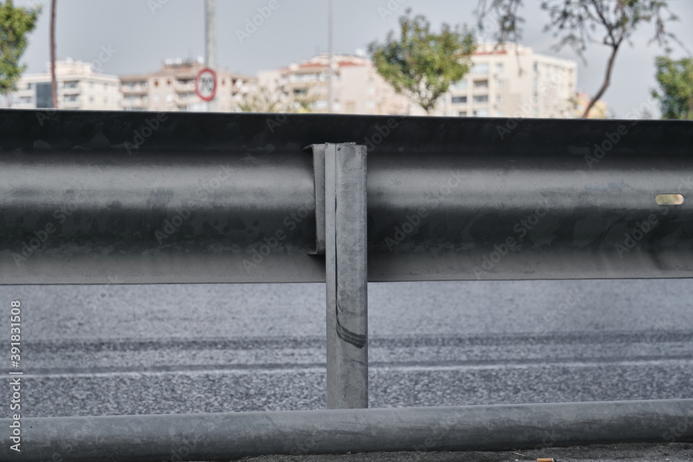 Roadside barrier, crash barrier side view. Roadside barrier, crash ...