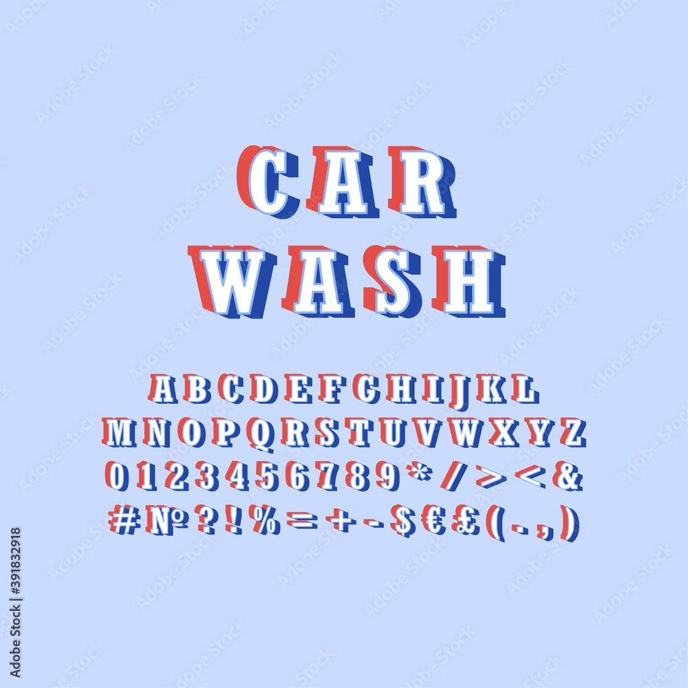 Car wash vintage 3d vector alphabet set. Retro bold font, typeface. Pop ...
