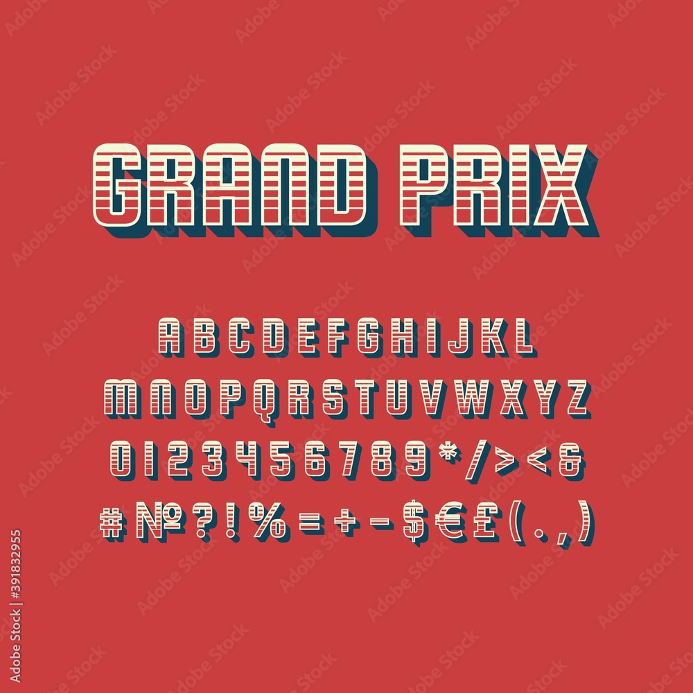 Grand prix vintage 3d vector alphabet set. Retro bold font, typeface ...