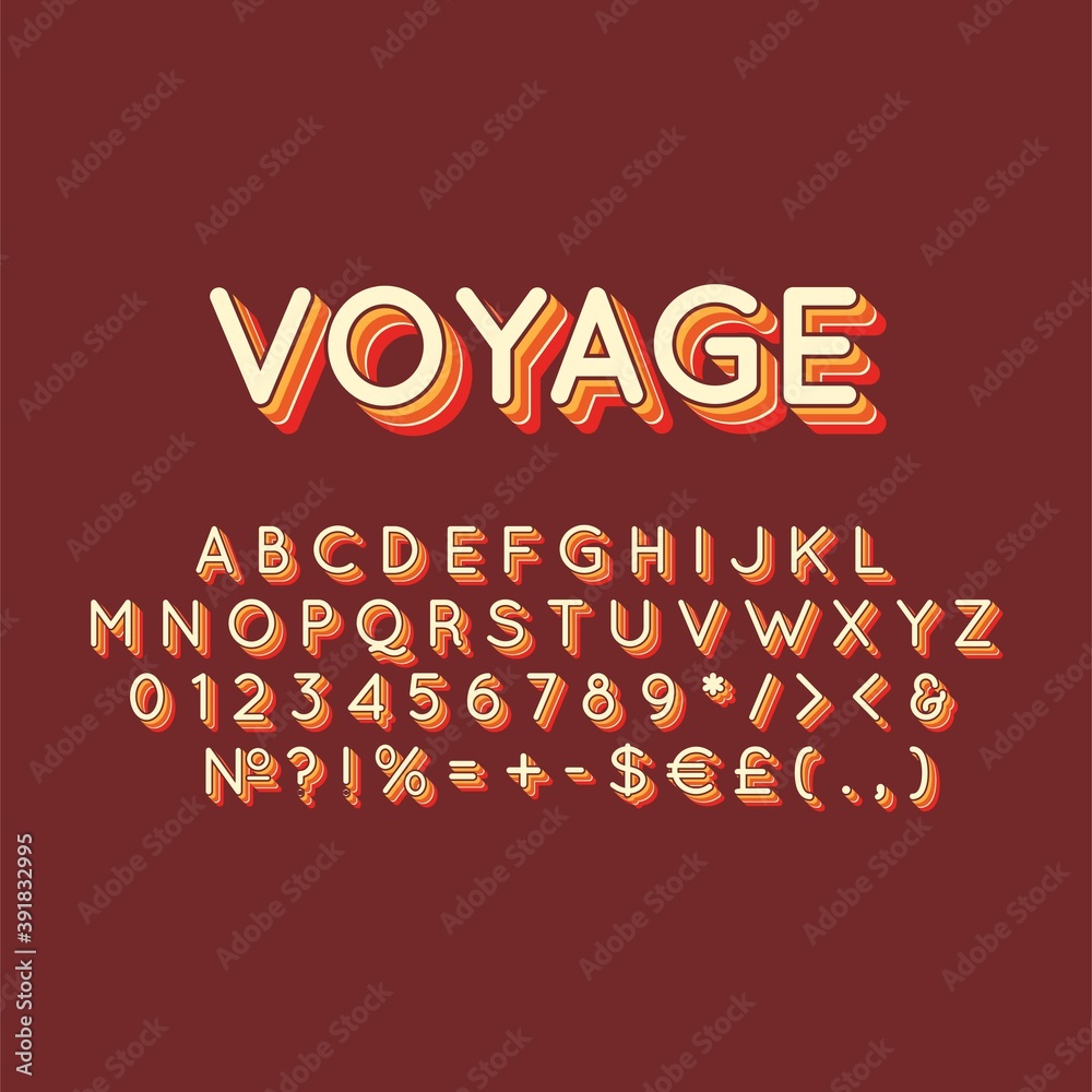 Voyage vintage 3d vector alphabet set. Retro bold font, typeface. Pop ...