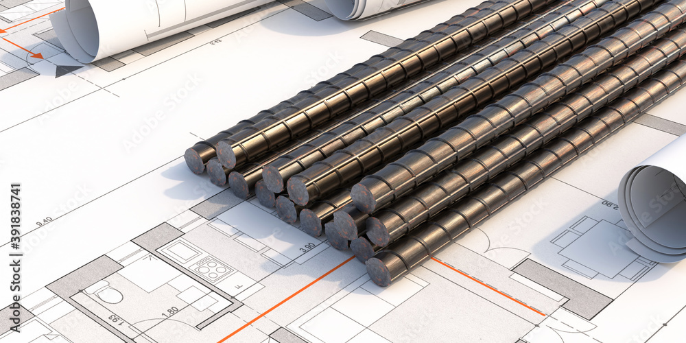 Reinforcing steel bars stack on project blueprints background. 3d ...