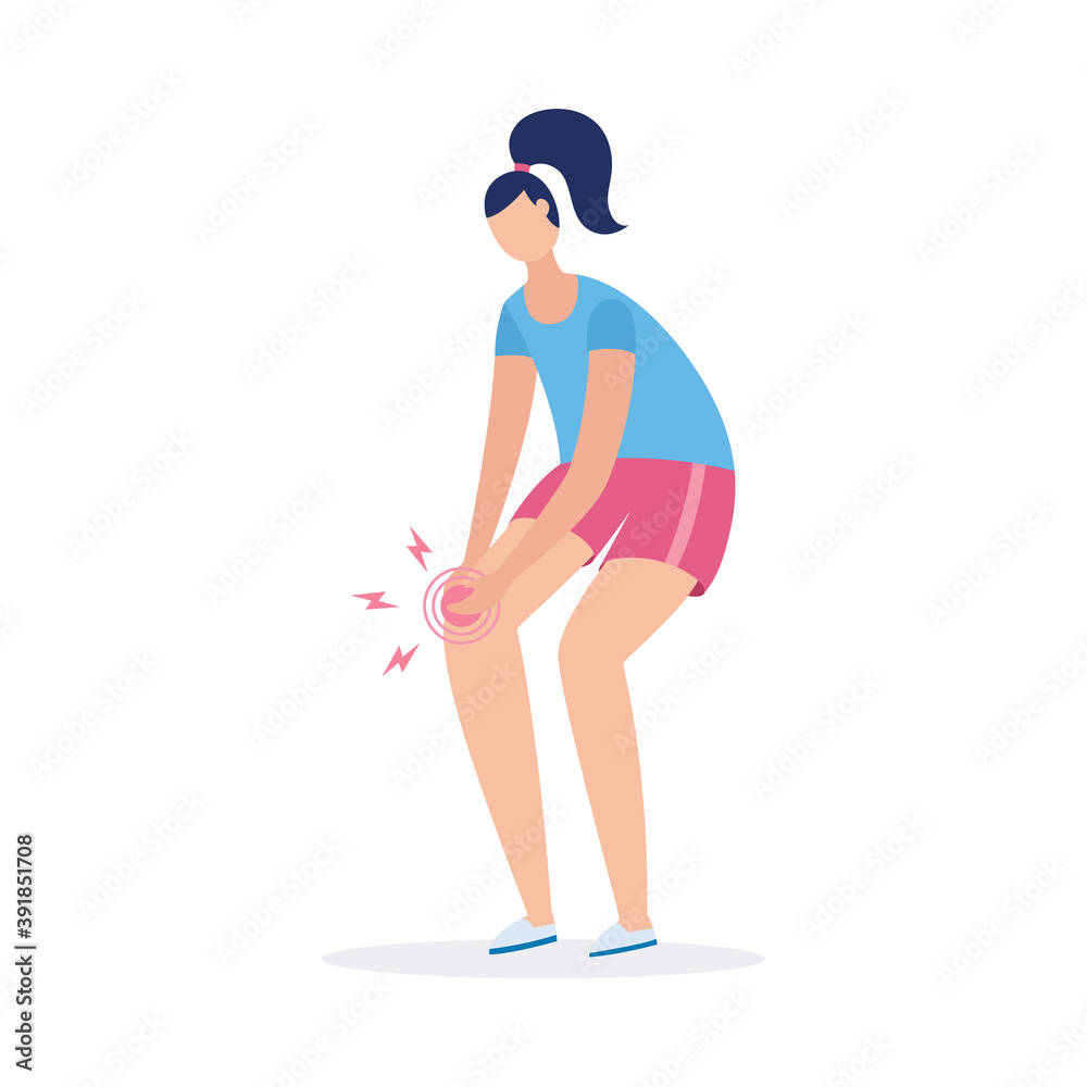 Young woman suffering from knee pain, flat vector illustration isolated ...