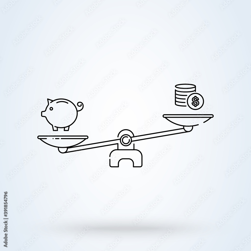 Scales and money in a piggy sign line icon or logo. Piggy bank concept ...
