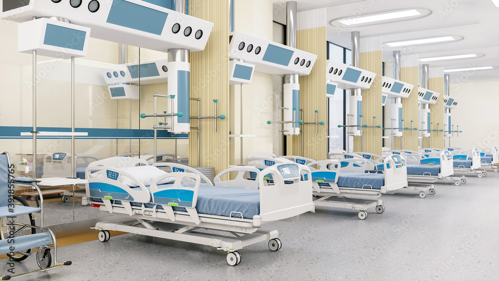 New generation of empty intensive care bed with ventilator ready to use ...