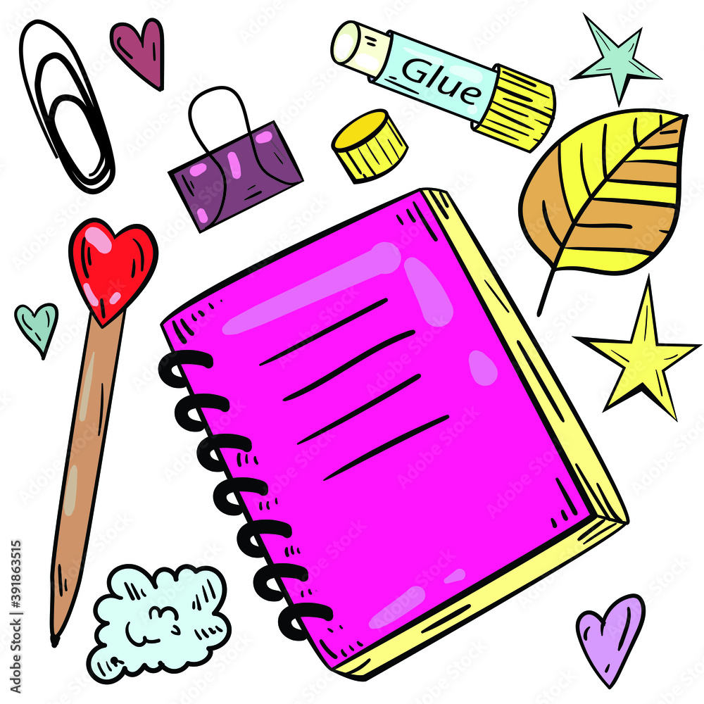 Color vector illustration with notebook, pen, glue stick, leaf on white ...