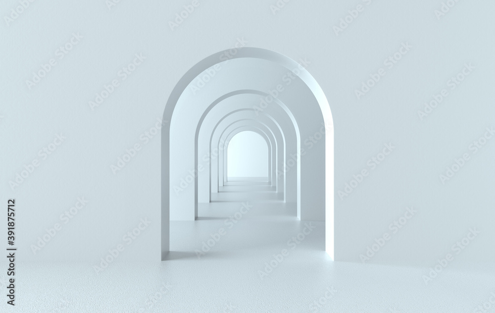 3d rendering. Arch hallway simple geometric background, architectural ...