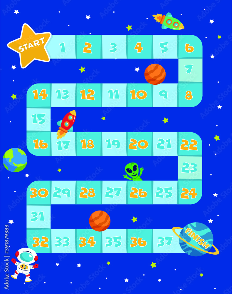 Space board game vector illustration. Rockets UFO and Aliens in space ...