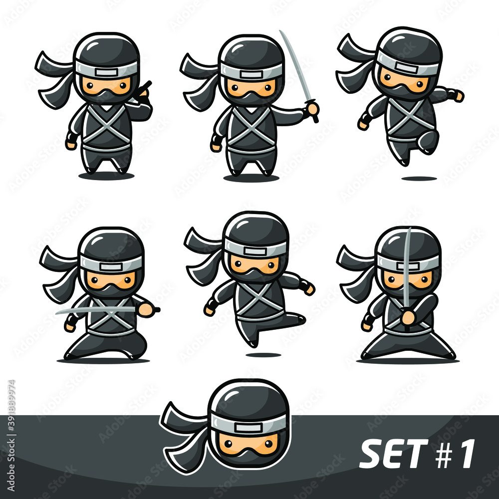 Cartoon little black ninja set 1 with six different actions stand and ...