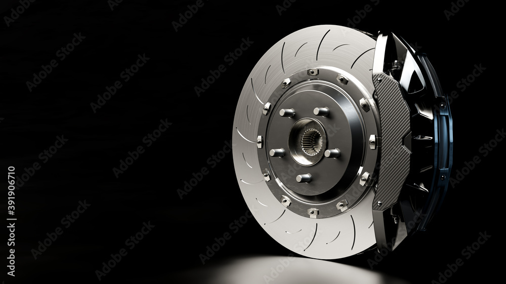 Brake Disc and Black Calliper and dark background. Brake from Racing ...
