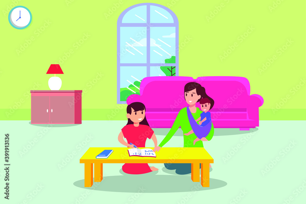 Single parent vector concept: Young mother teaching her daughter ...