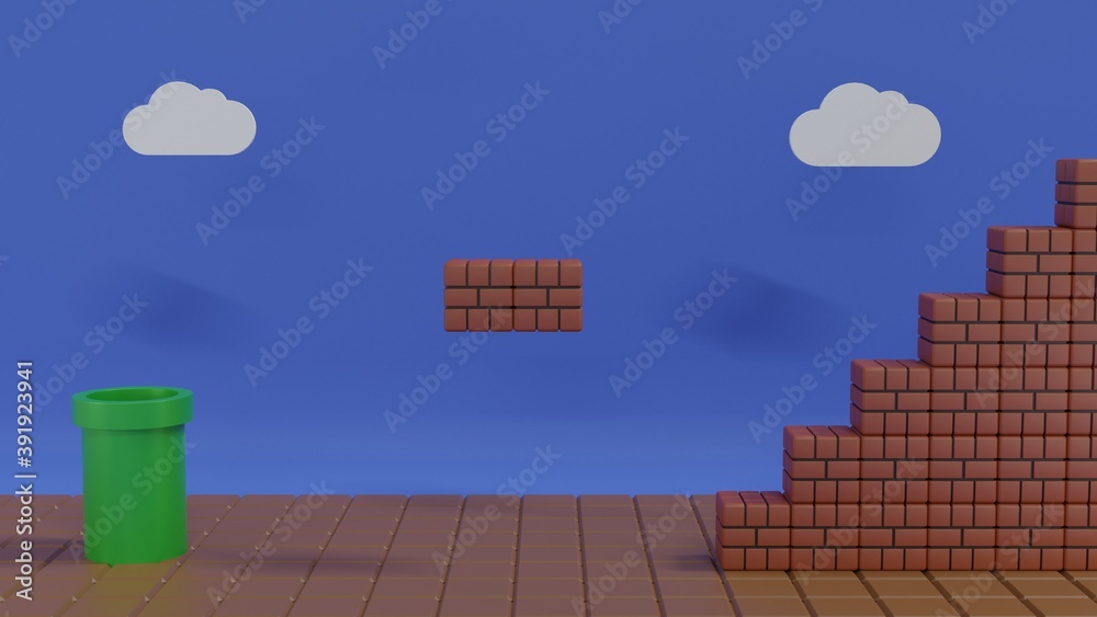 Illustration scene of famous old arcade video game, Super Mario Bros 3D ...