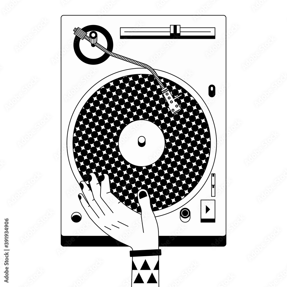 Vector black and white outline illustration of dj mixer. Music record ...