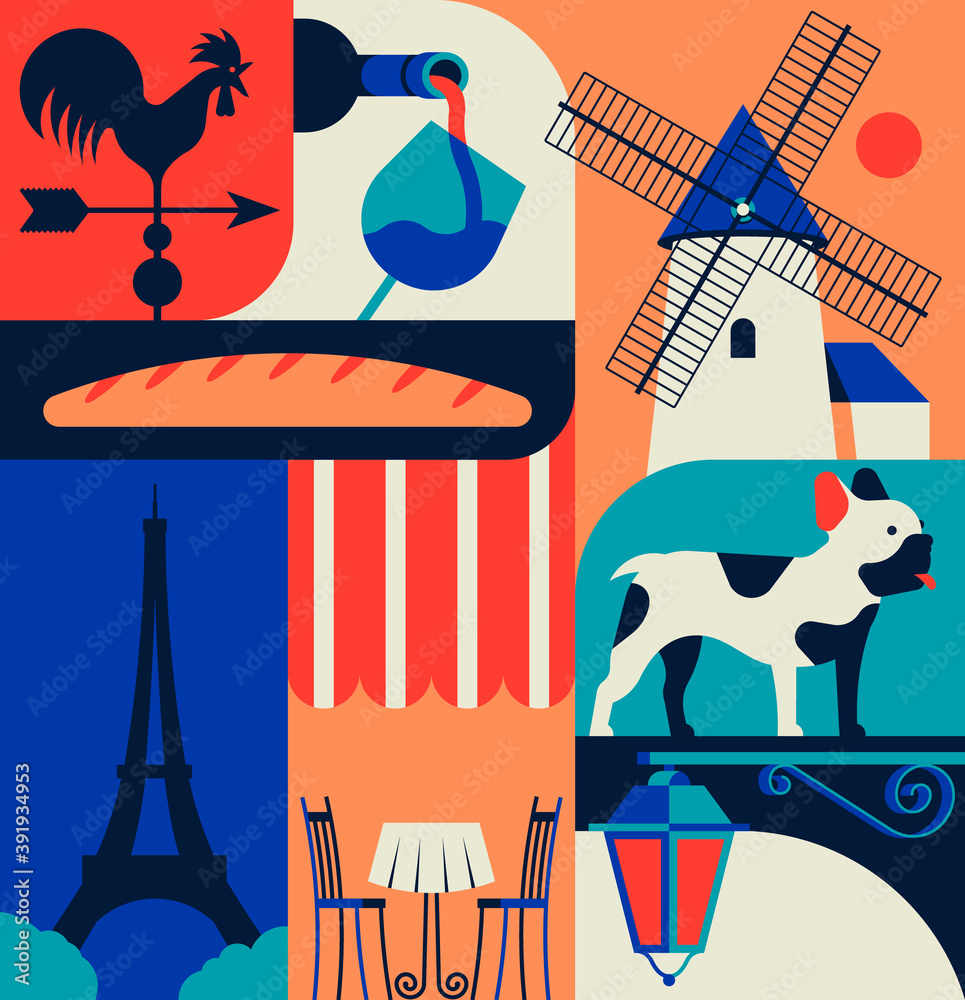 Vector illustration of France, Paris icon set, color background, poster ...